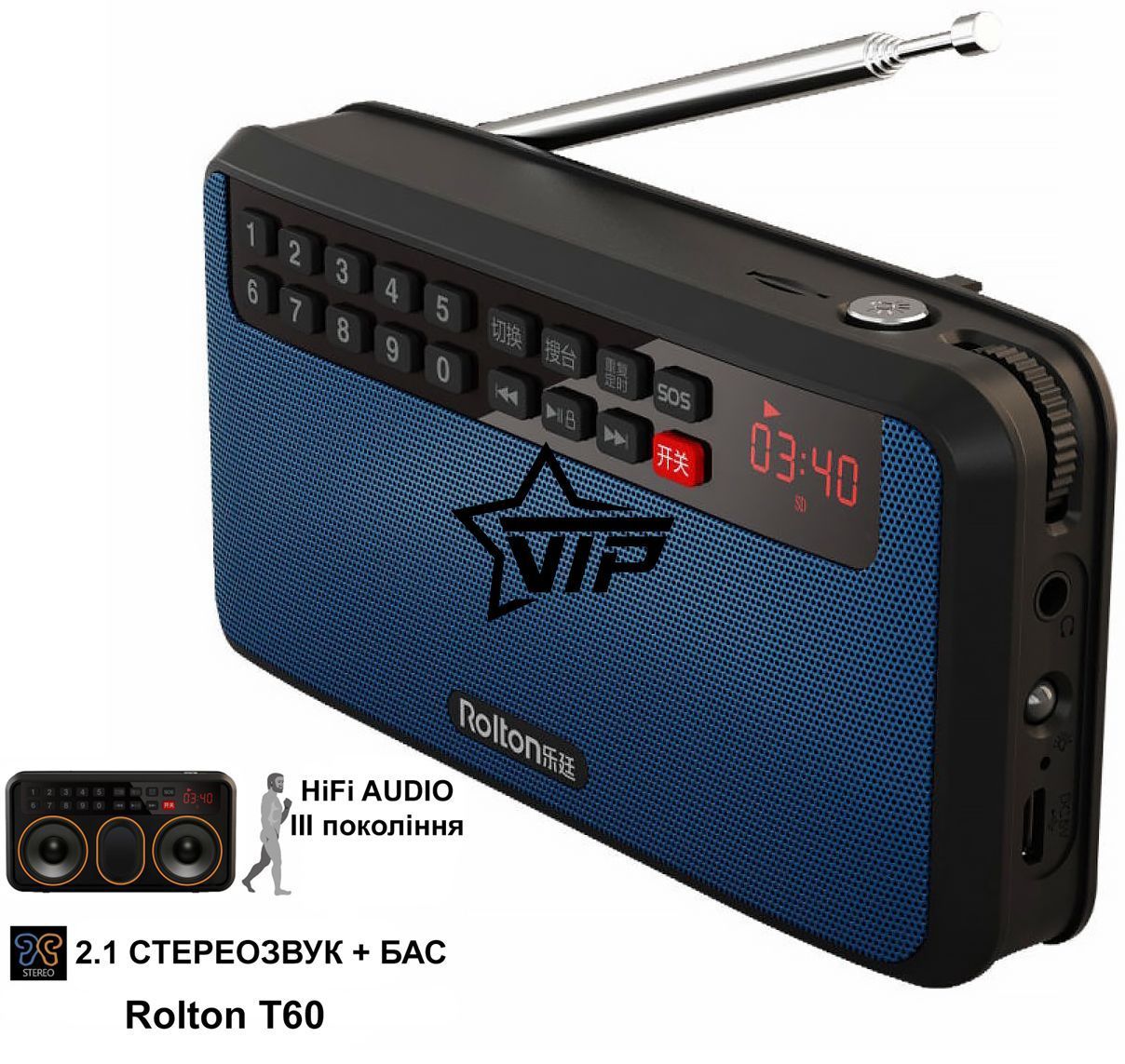 Портативный радиоприёмник Rolton T60B с аккумулятором, Bluetooth и MP3 ...
